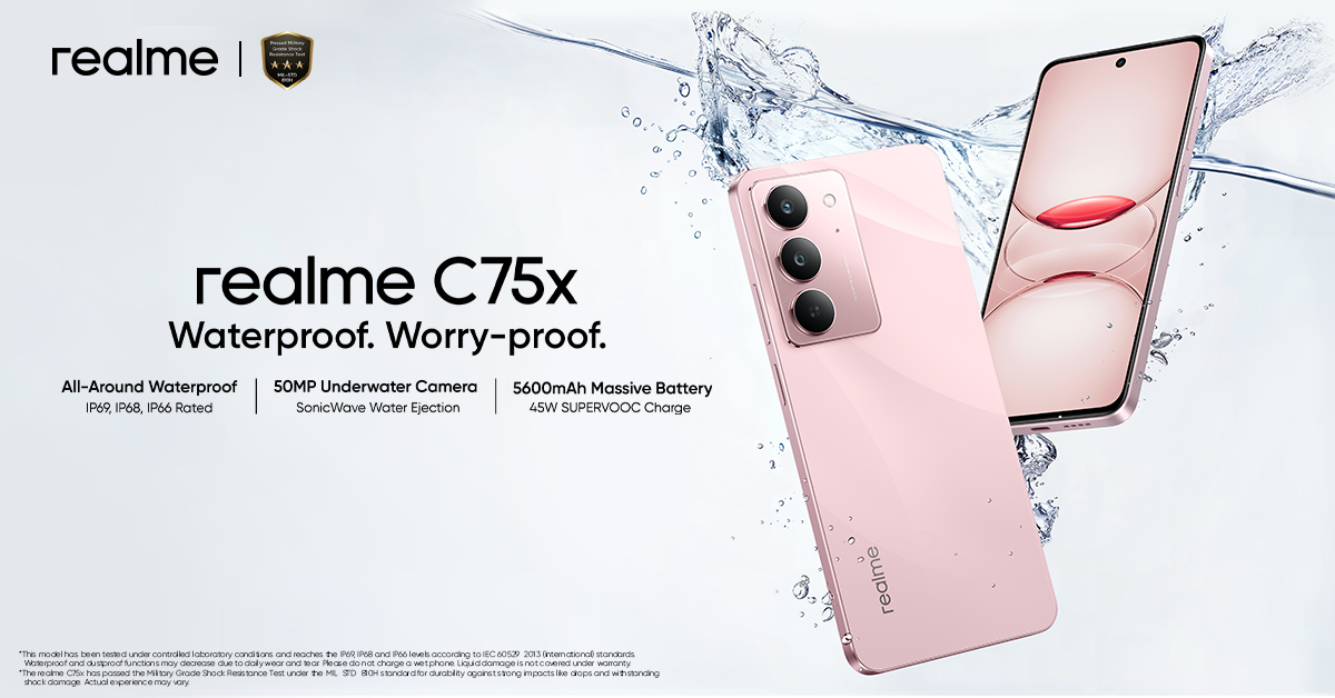 realme releases a new waterproof phone, realme C75x, for as low as P6 ...